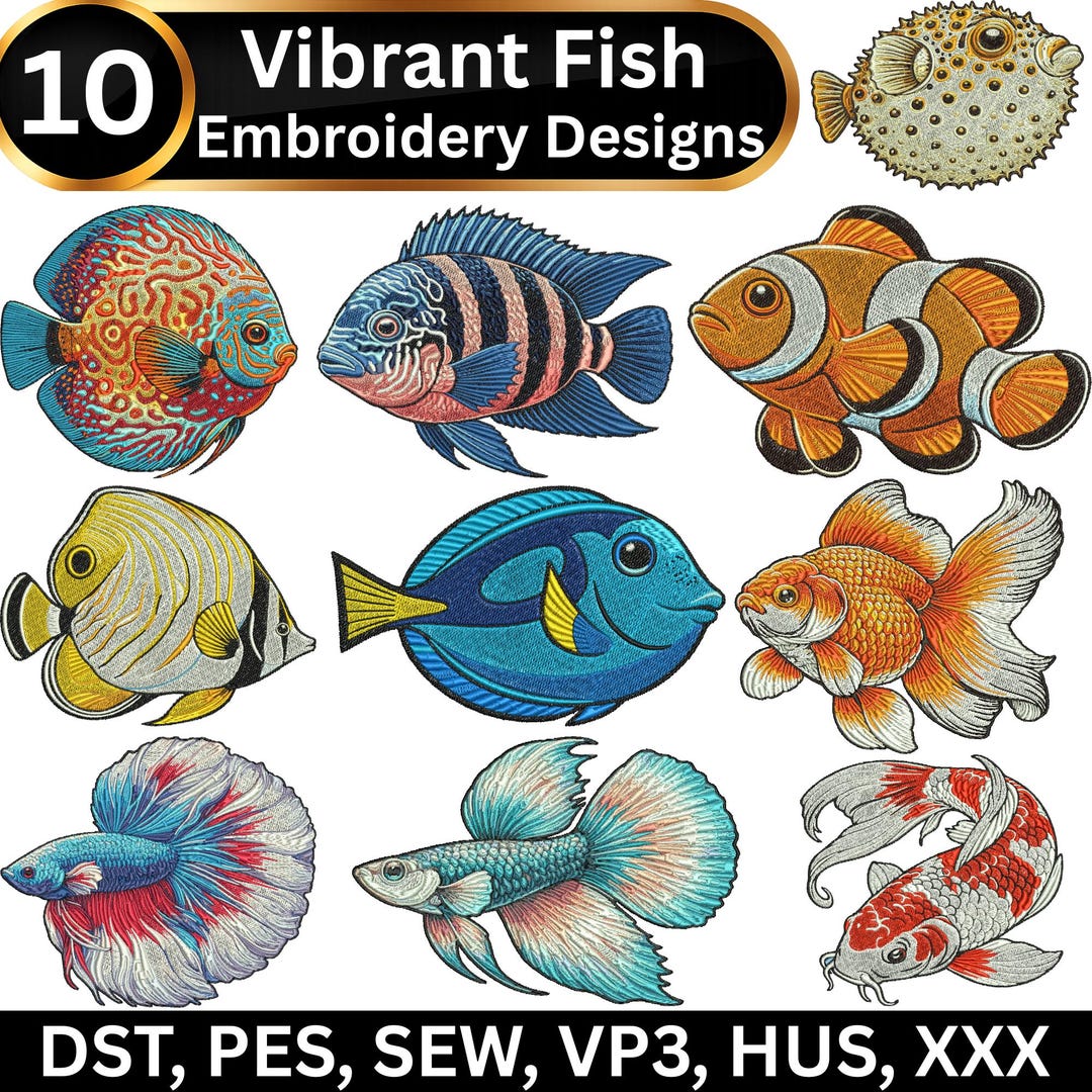 Lot de motifs de broderie poissons aux couleurs vives, fichiers de ...