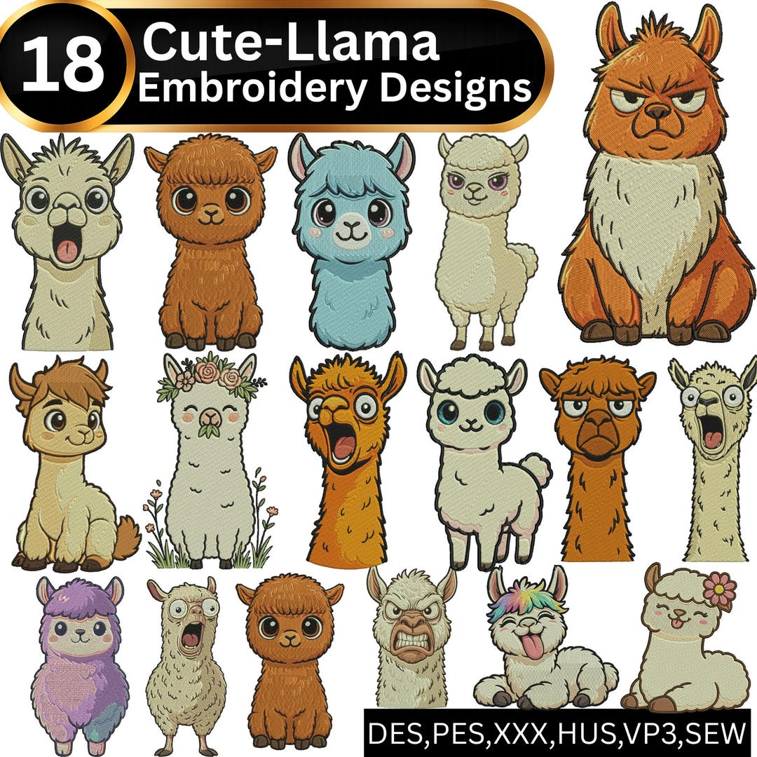 Cute Llama Embroidery Design Bundle | Cartoon Alpaca Machine Embroidery ...