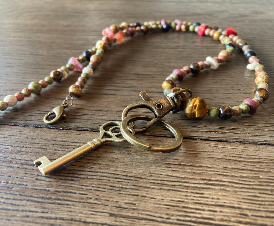 Unakite Beaded Lanyard Key Holder, Tigers Eye Colorful Lanyard, Stone ...
