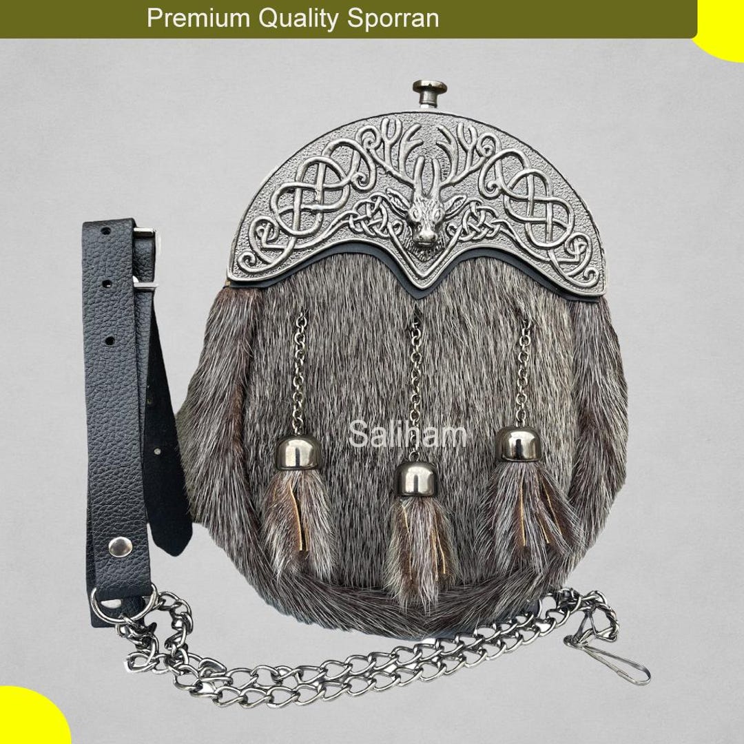 Celtic Stag Head Fur Sporran for Kilt, Traditional Highland Dress Bag ...