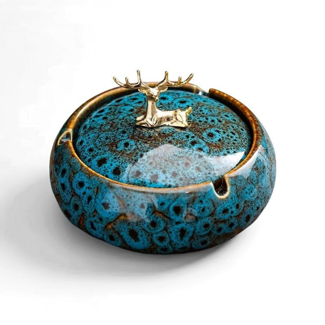 Ceramic Ashtray With Lid | Cigar Ashtray With Metal Handle | Desktop ...
