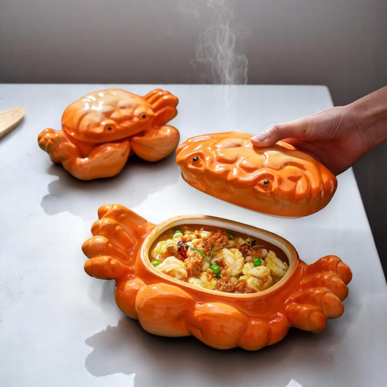 Crab Shape Ceramic Bowl With Lid | Seafood Tableware Decor - Etsy