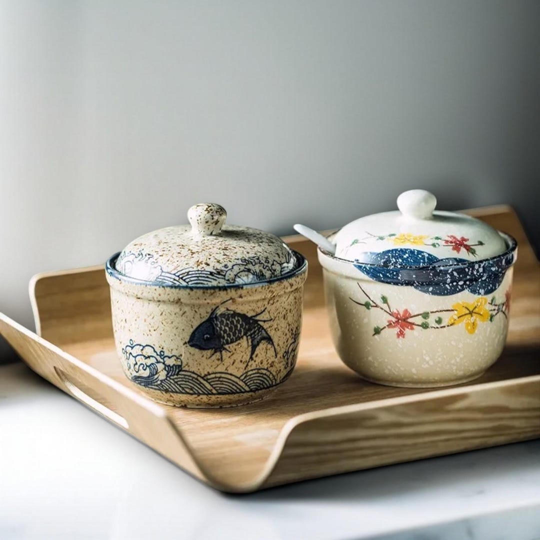 Japanese Ceramic Spice Jar With Lid & Spoon | Salt Sugar Tea Condiment ...