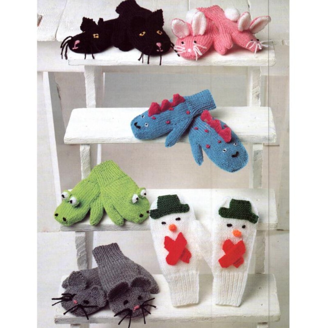 Children's Mittens Knitting Pattern: Dinosaur Cat Frog Mouse Rabbit ...