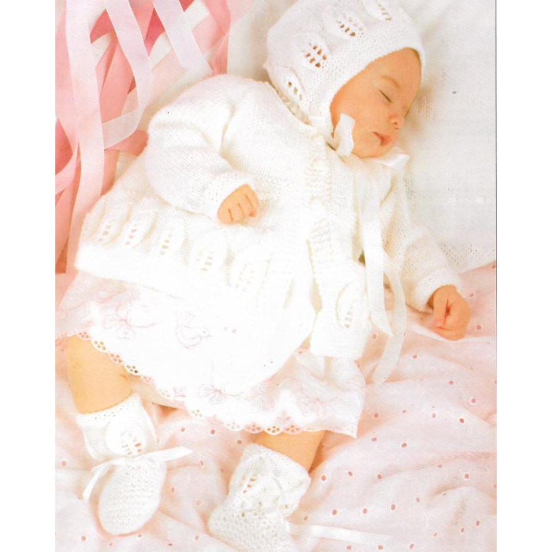 Baby Matinee Set Knitting Patterns, Cardigan Bonnet Bootees, 18-20 ...