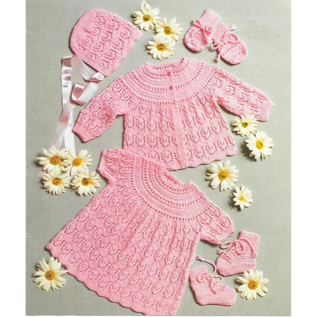 Baby Matinee Jacket Knitting Patterns, Cardigan Dress Mittens Bootees ...