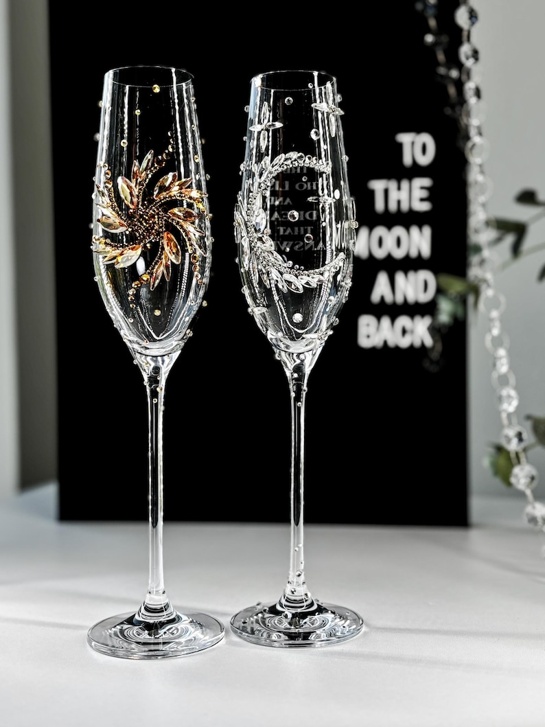Sun and Moon Champagne Flutes | Celestial Crystal Wedding Decor - Etsy