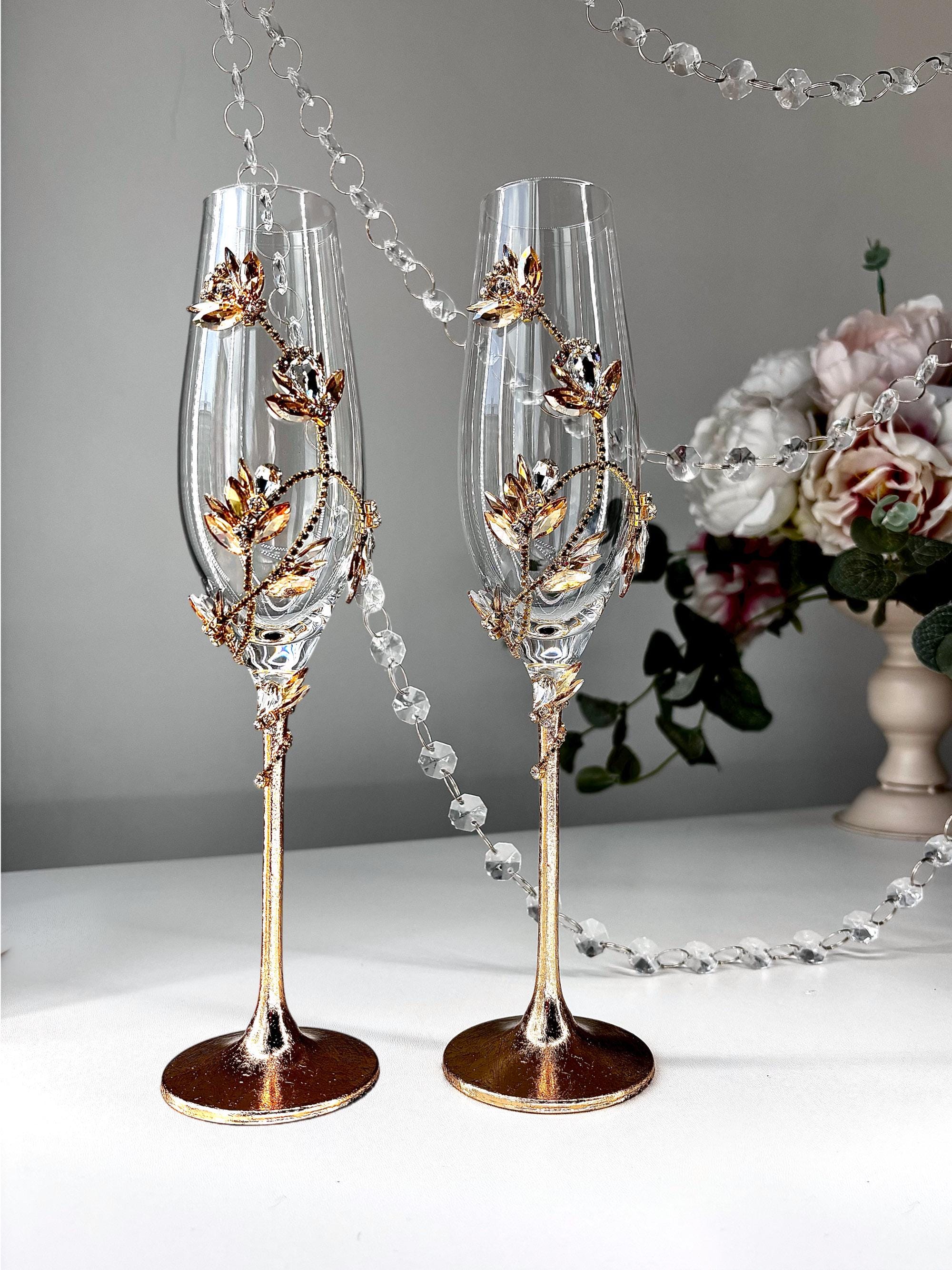 Gold Wedding Champagne Flutes | Floral Toasting Glasses With Crystals ...