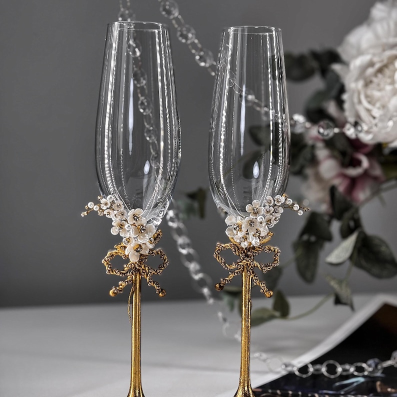 Personalized Wedding Champagne Flutes Gold - Rustic Toasting Glasses ...