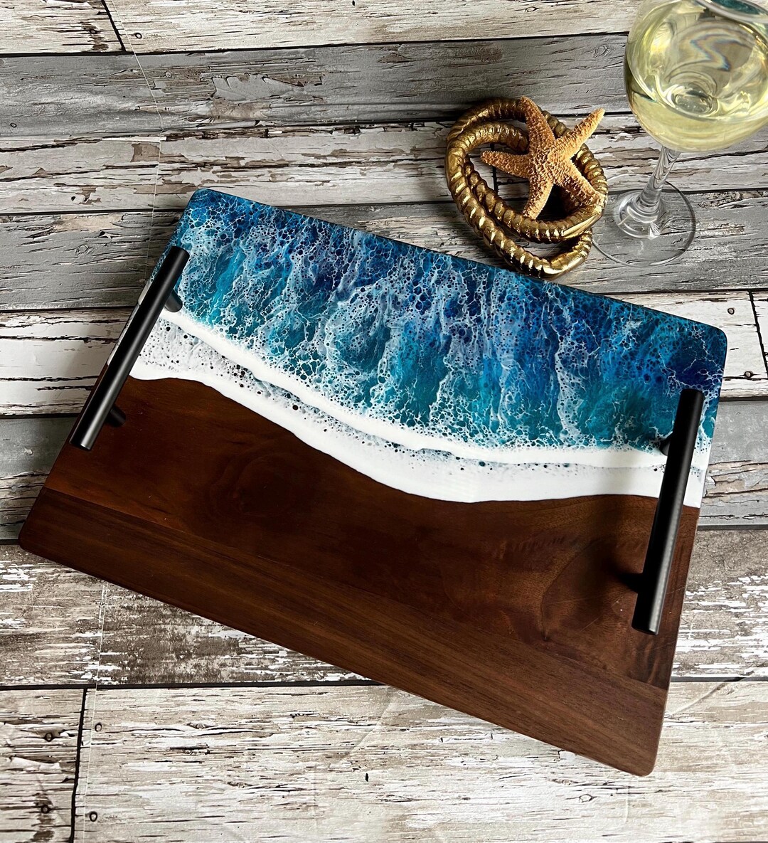 Ocean Waves Resin Charcuterie Board With Handles, Resin Waves Cheese ...