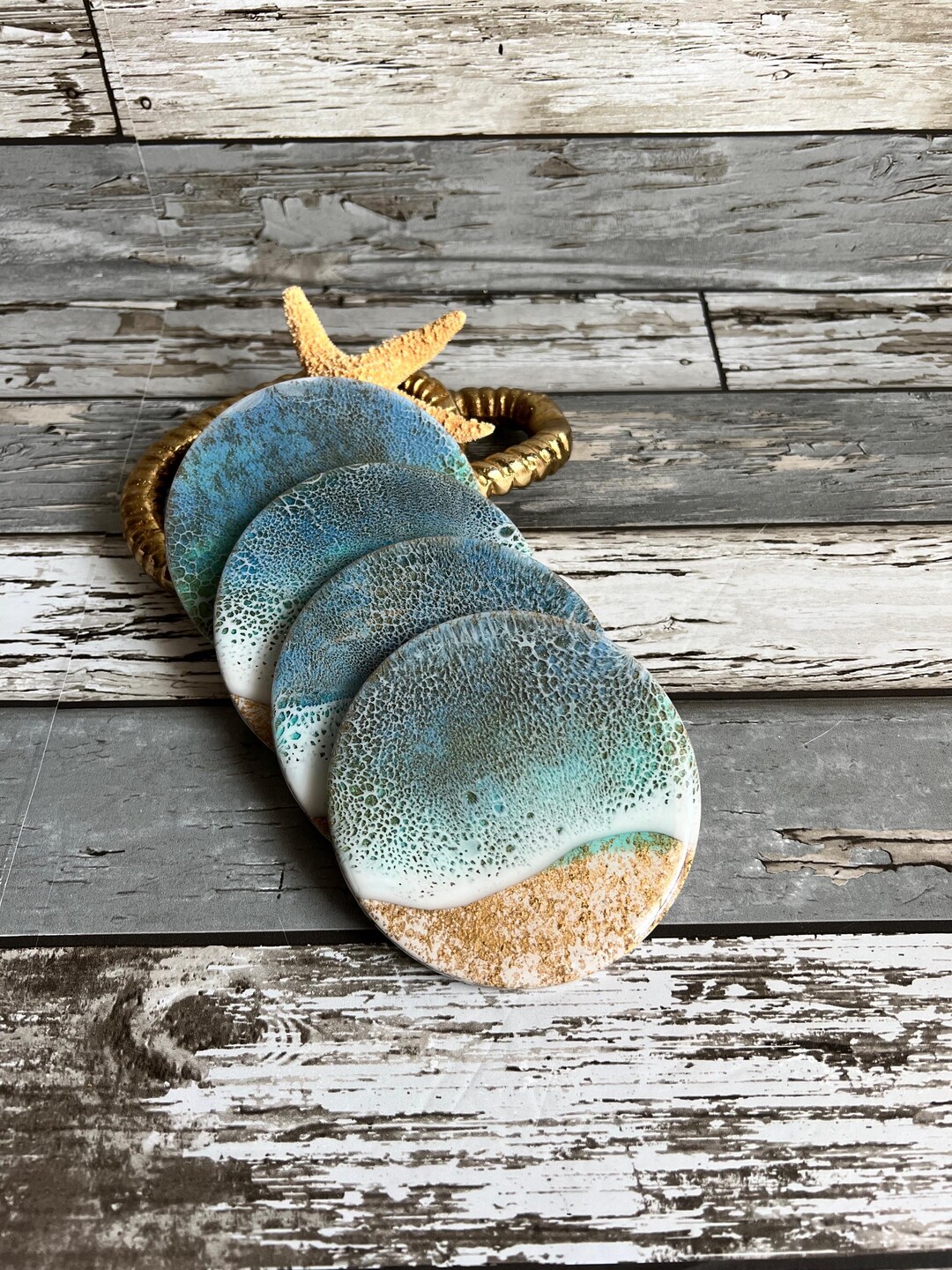 Set of 4 Blue Ocean Coasters With White Waves and Gold Shore Line ...