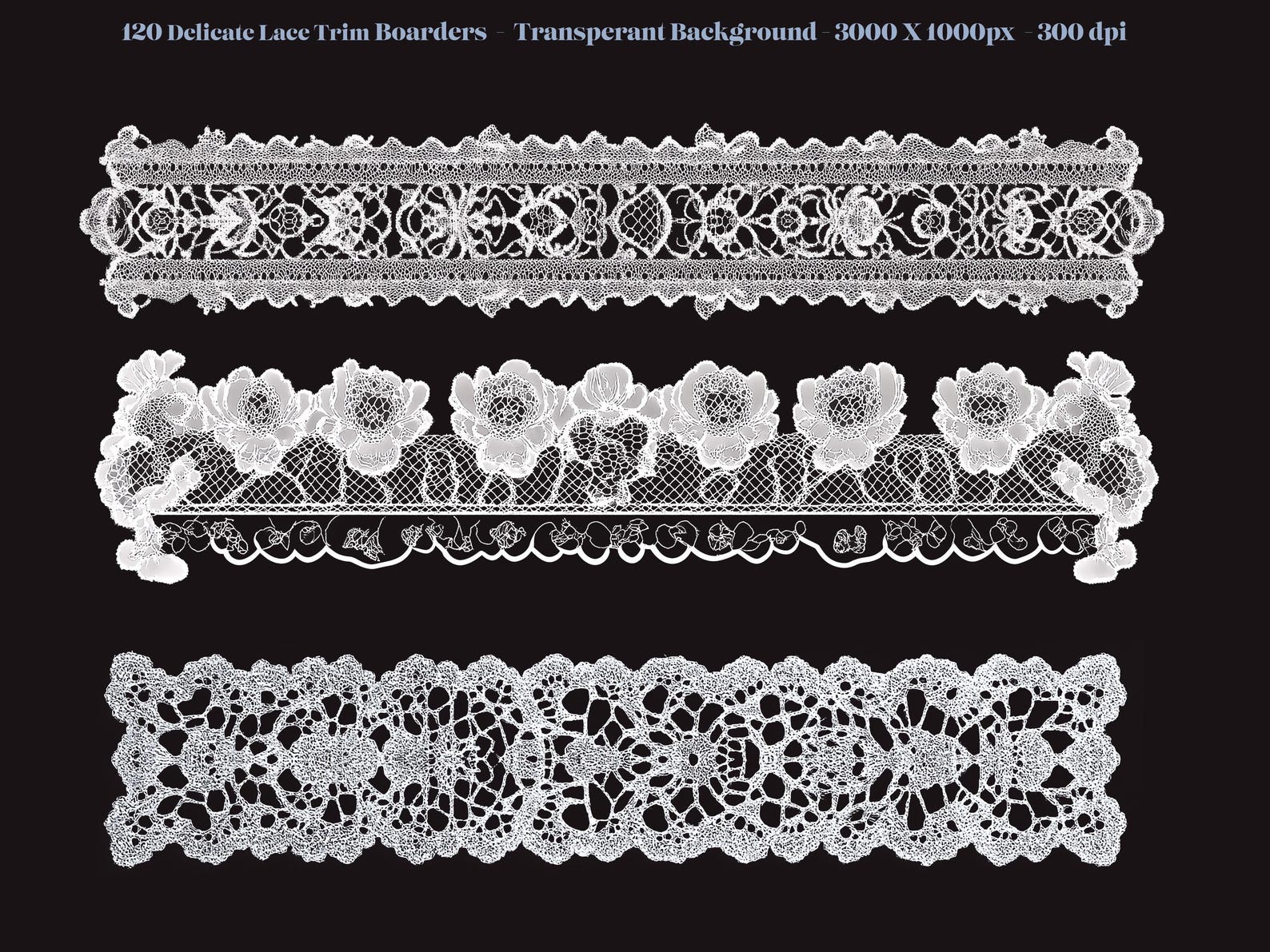 Delicate Lace Trim Borders Clipart Bundle Vintage White Lace Frames PNG ...