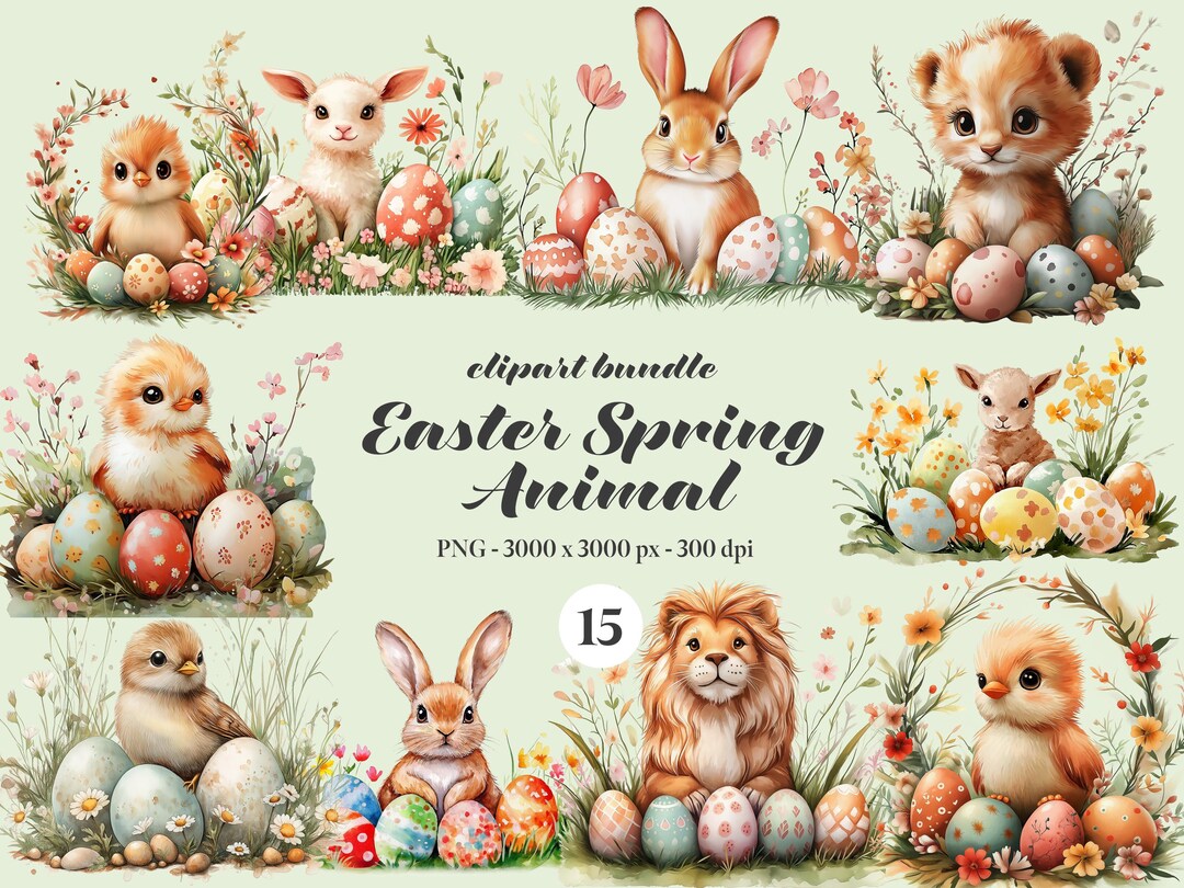 15 Easter Spring Animals Clipart Bundle,adorable Bunny, Chick,eggs ...
