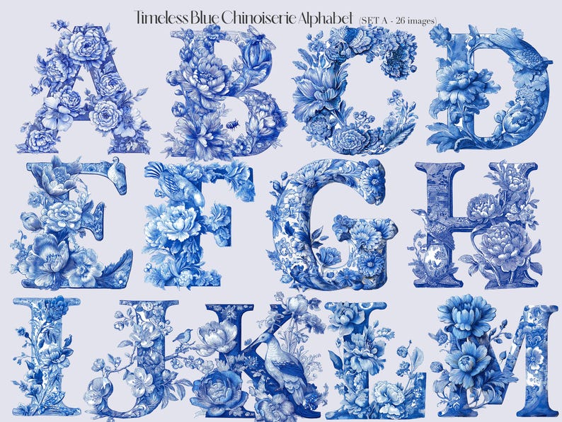 Timeless Blue Chinoiserie Alphabet Clipart Scrapbooking Blue Elegant ...