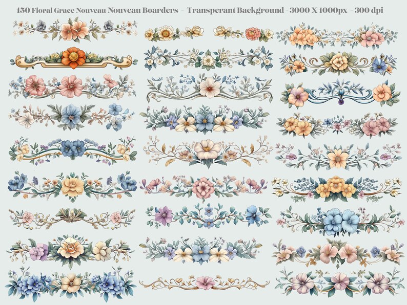 150 Floral Grace Nouveau Boarder Clipart Bundle, Art Nouveau Frames PNG ...