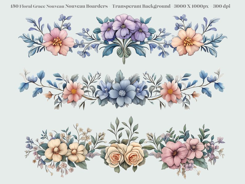 150 Floral Grace Nouveau Boarder Clipart Bundle, Art Nouveau Frames PNG ...