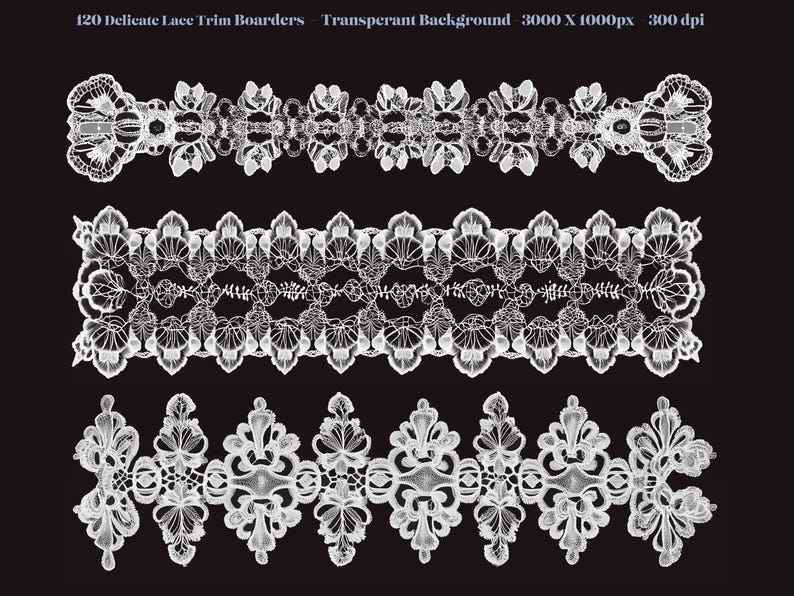 Delicate Lace Trim Borders Clipart Bundle Vintage White Lace Frames PNG ...