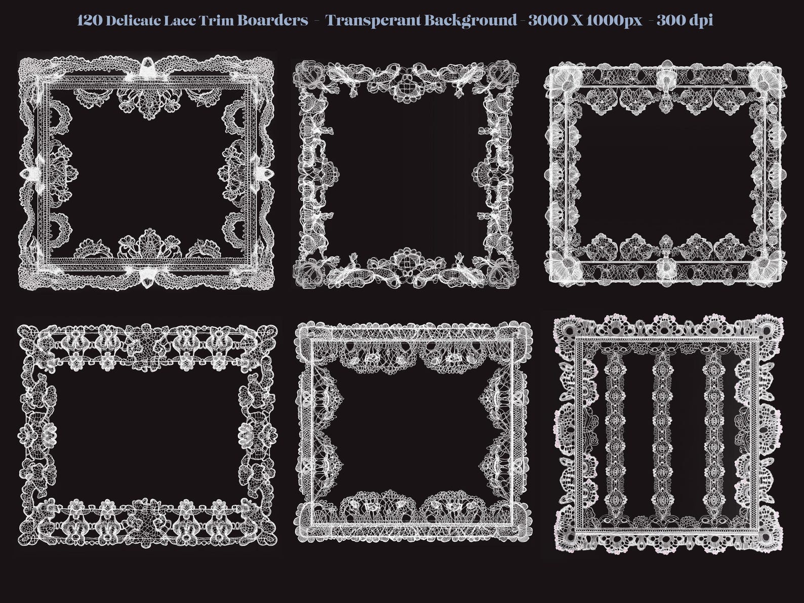 Delicate Lace Trim Borders Clipart Bundle Vintage White Lace Frames PNG ...
