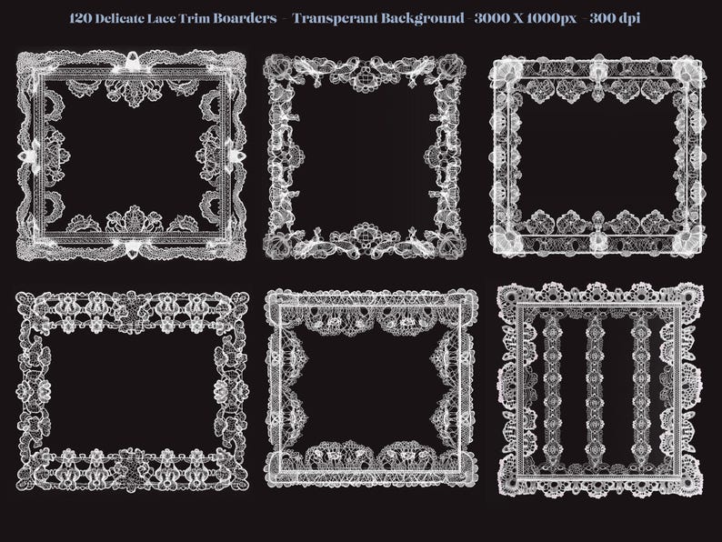 Delicate Lace Trim Borders Clipart Bundle Vintage White Lace Frames PNG ...