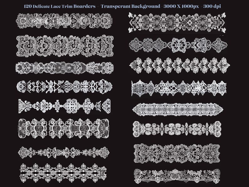 Delicate Lace Trim Borders Clipart Bundle Vintage White Lace Frames PNG Wedding Invitation Lace ...