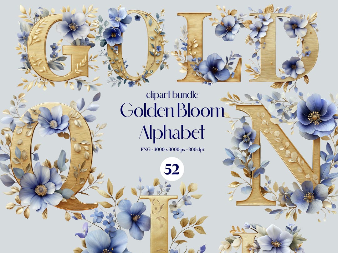 52 Golden Bloom Alphabet Clipart Bundle,blue Elegant Floral Letters ...