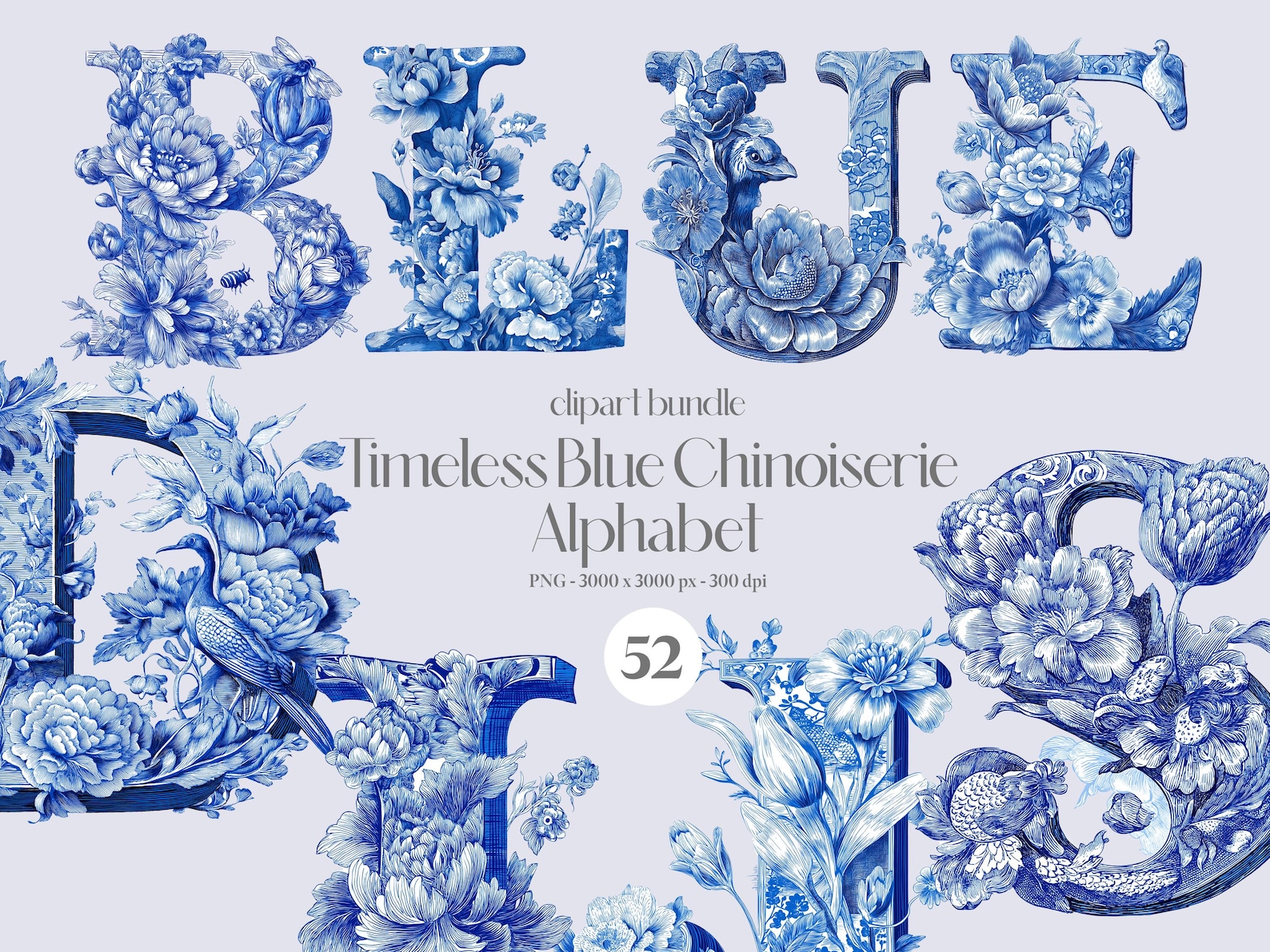 Timeless Blue Chinoiserie Alphabet Clipart Scrapbooking Blue Elegant ...