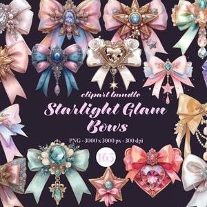 165 Starlight Glam Bows Clipart Bundle, Gemstone Jewelry Ribbon Bow PNG ...