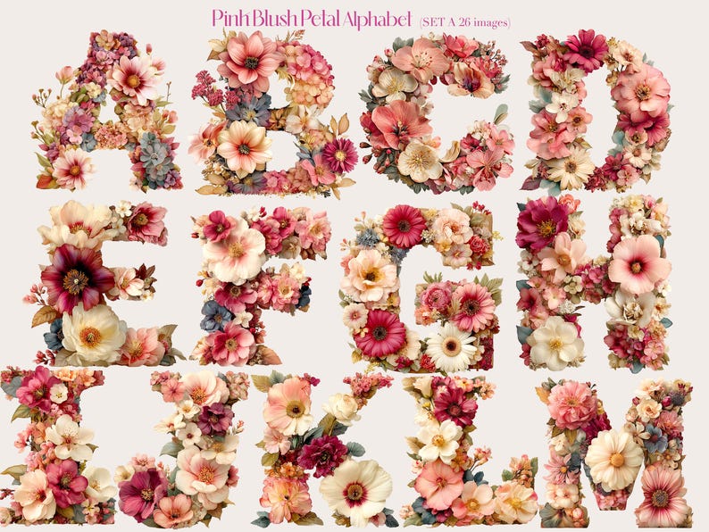 Pink Blush Petal Alphabet Clipart Elegant Floral Letters Illustration ...