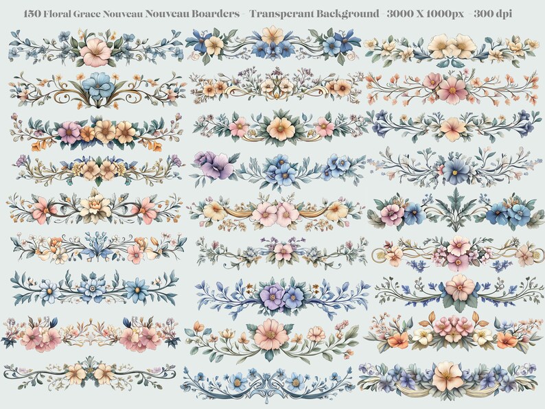 150 Floral Grace Nouveau Boarder Clipart Bundle, Art Nouveau Frames PNG ...