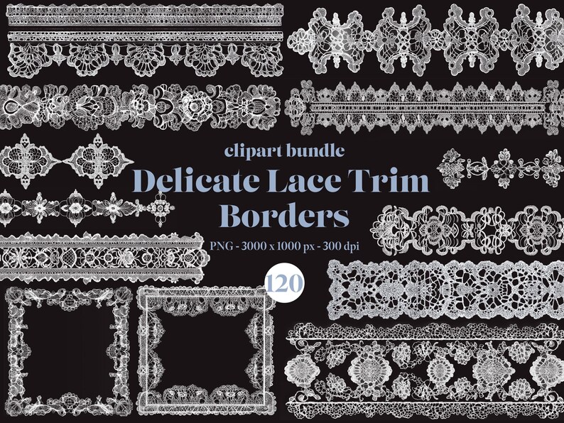 Delicate Lace Trim Borders Clipart Bundle Vintage White Lace Frames PNG ...