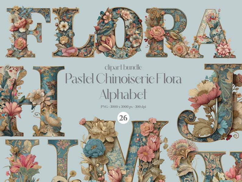 26 Pastel Chinoiserie Flora Alphabet Clipart Bundle, Pastel Elegant ...