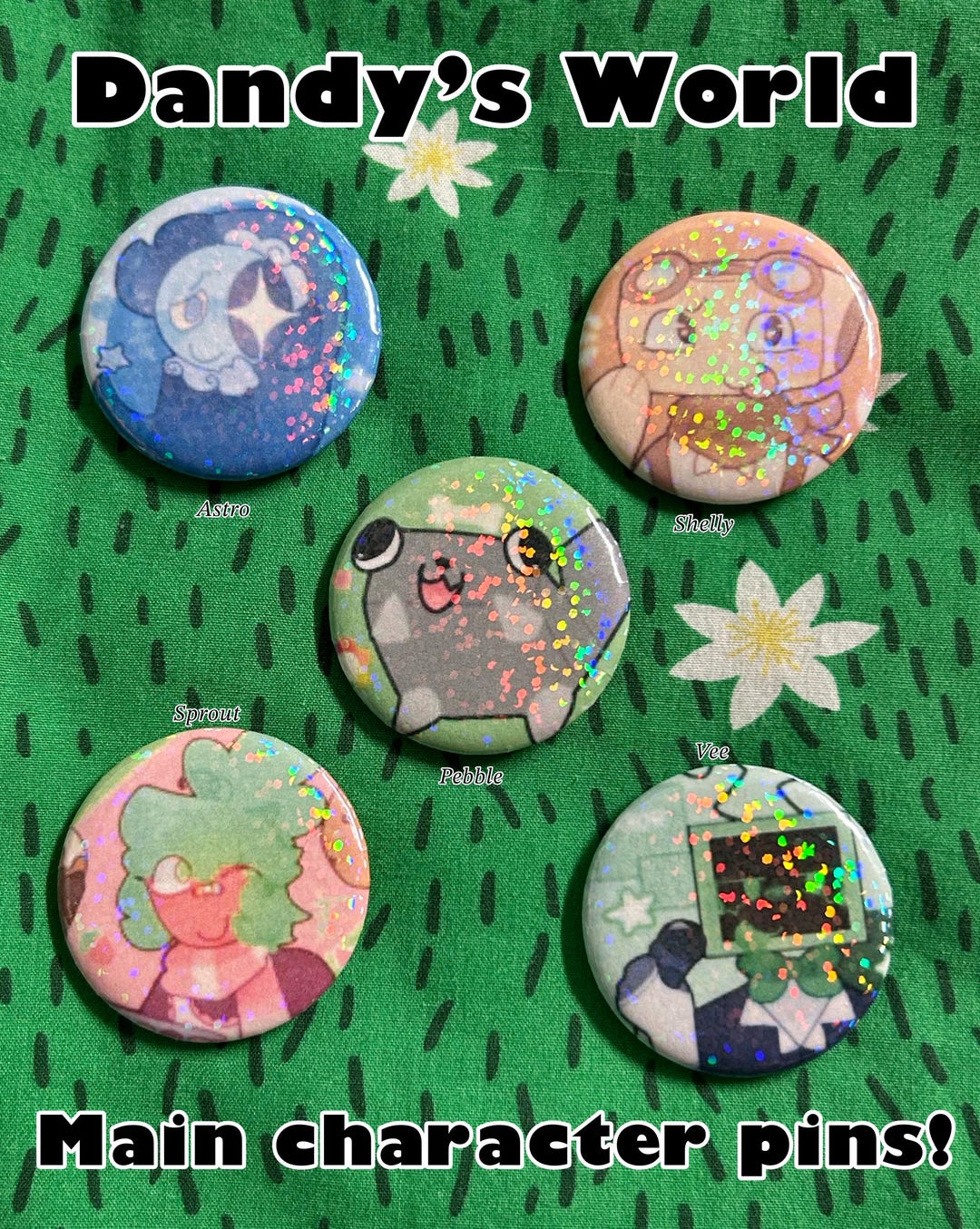 Dandy’s World Main Character Toon Holographic Pin Buttons! Shelly ...