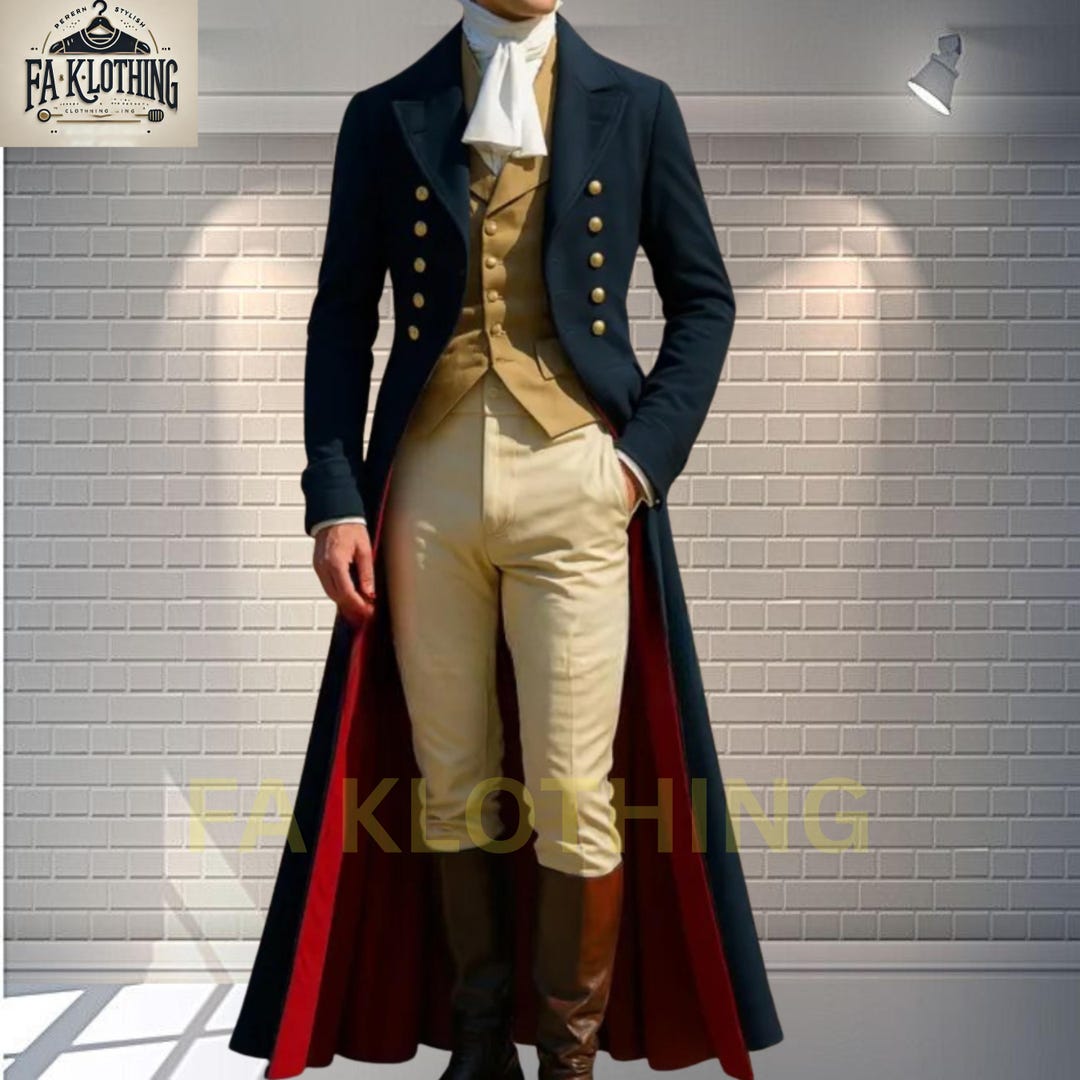 Men's Regency Wool Tailcoat: Navy & Gold Historical Reenactment Outfit ...
