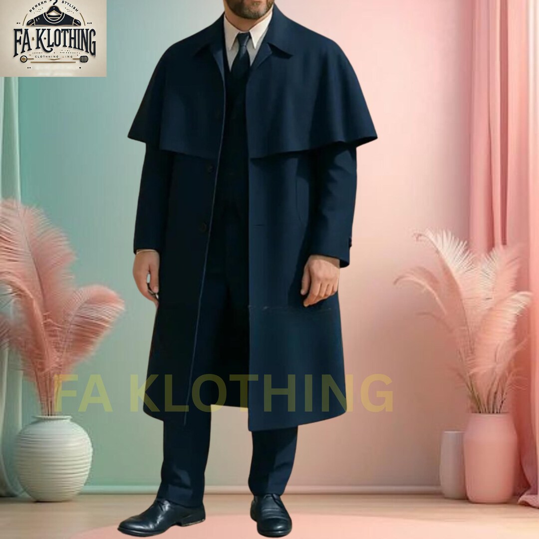 Men's Victorian Inverness Cape Overcoat: Dark Blue Wool, Handmade - Etsy