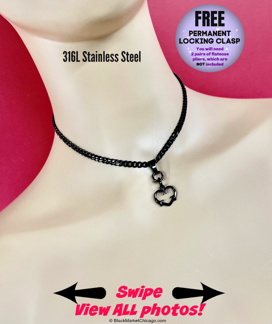 Sub Day Collar, Thorny Heart, Permanent Lock Option, BLACK Stainless ...