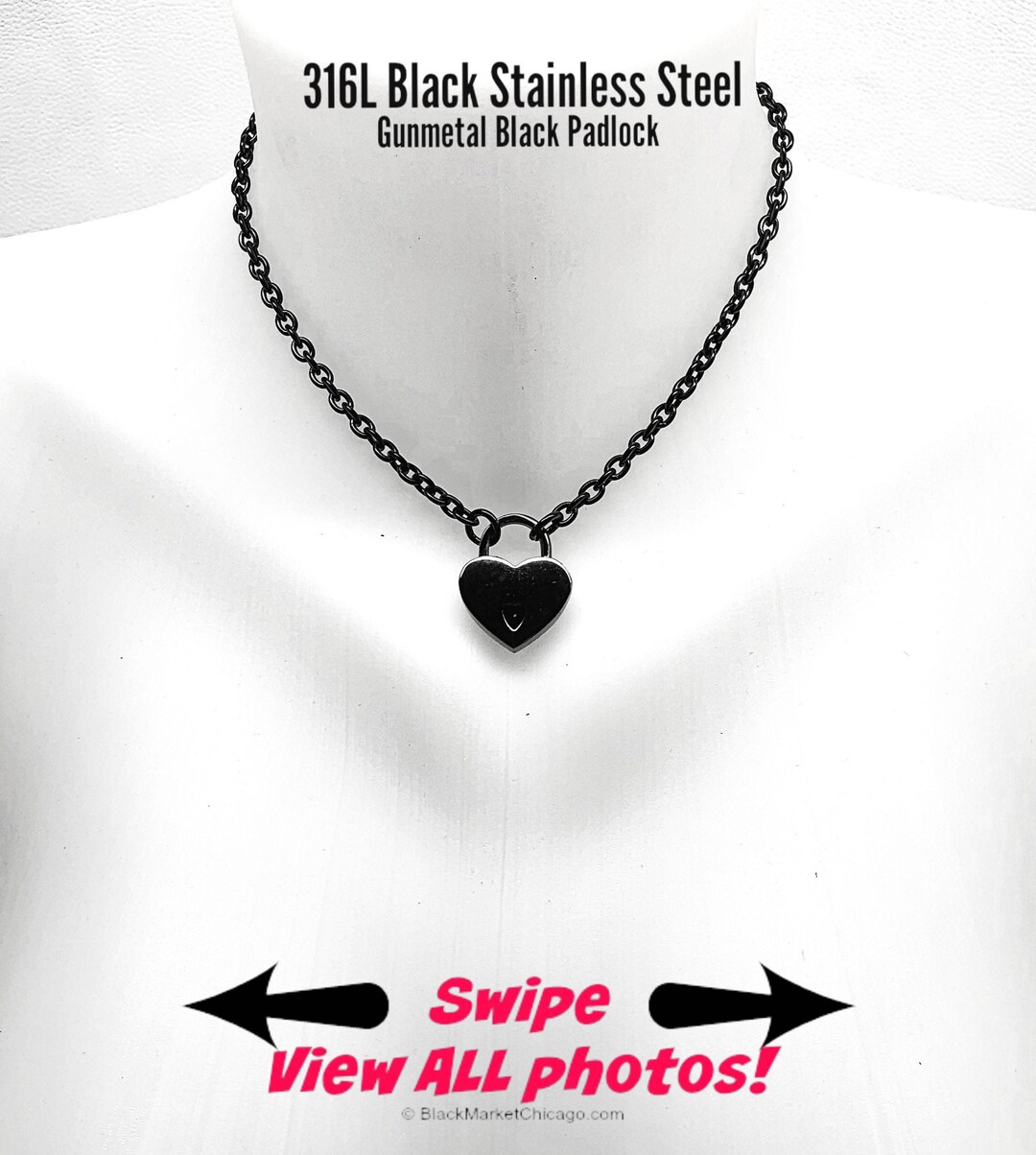 Sub Day Collar, Black Stainless Steel, GUNMETAL Heart Padlock - Etsy