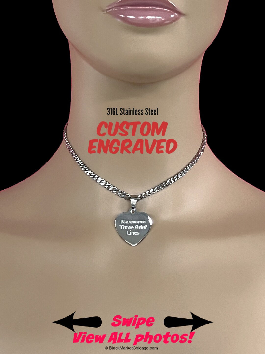 Sub Day Collar, Custom Engraved, Permanent Lock Option, Heart Pendant ...