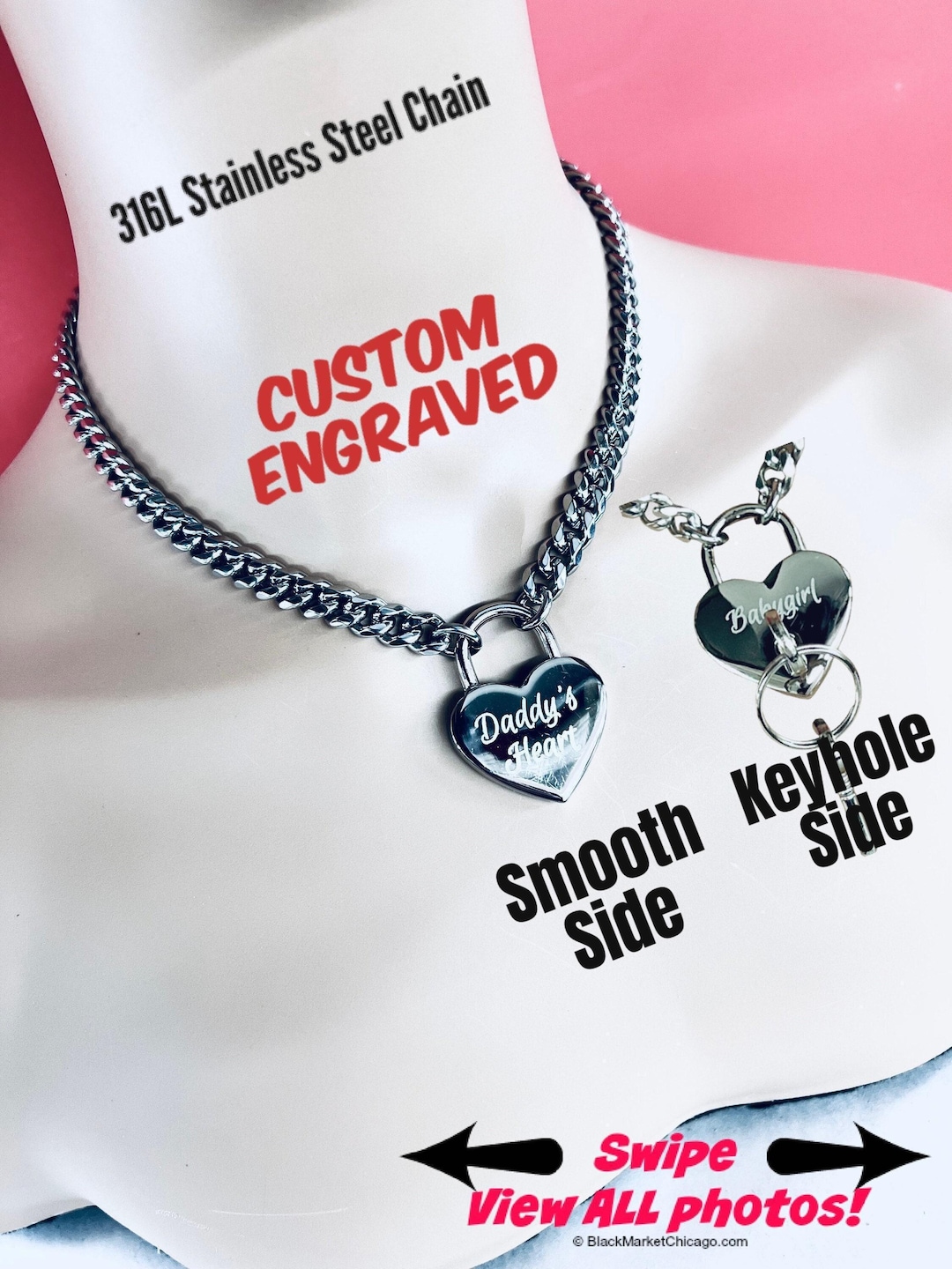 Custom Engraved Sub Day Collar, Stainless Steel Chain, NICKEL Heart ...