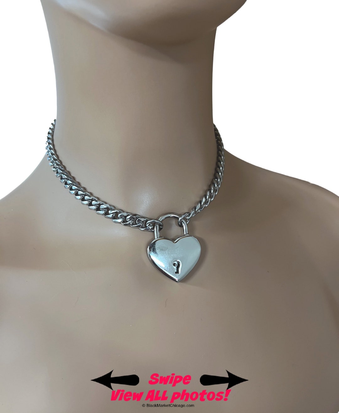 Heart Padlock & Chain Locking Day Collar, NICKEL Lock and STAINLESS ...