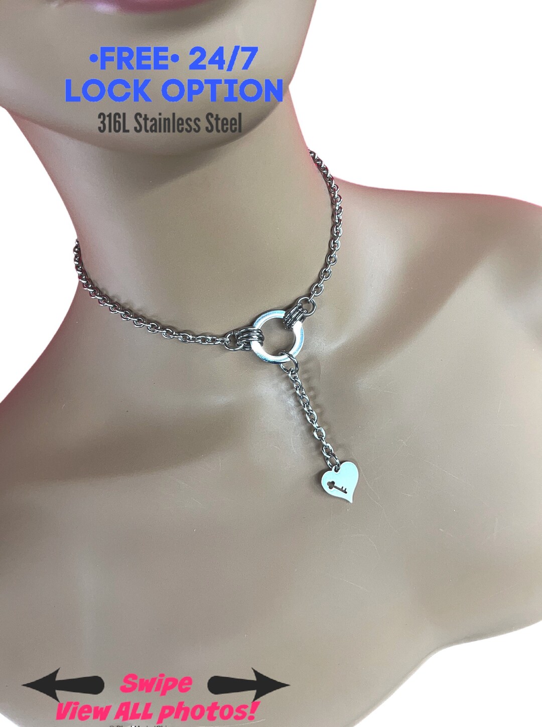 Discreet Sub Day Collar, O-ring Heart Extension Pendant, 24-7 Wear ...