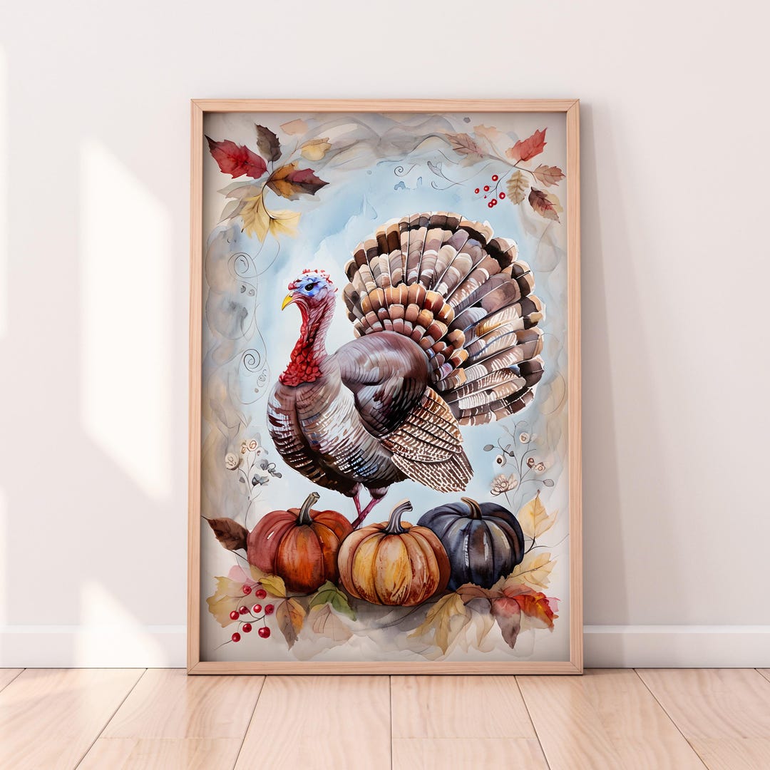 Watercolor Turkey and Pumpkins Printable Artwork, Thanksgiving ...