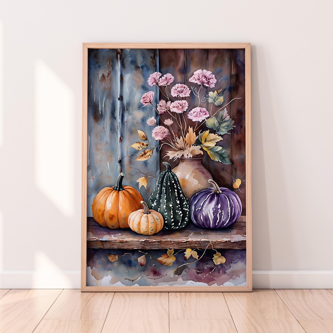 Watercolor Pumpkins Gourds and Fall Flowers Printable Artwork, Autumn ...