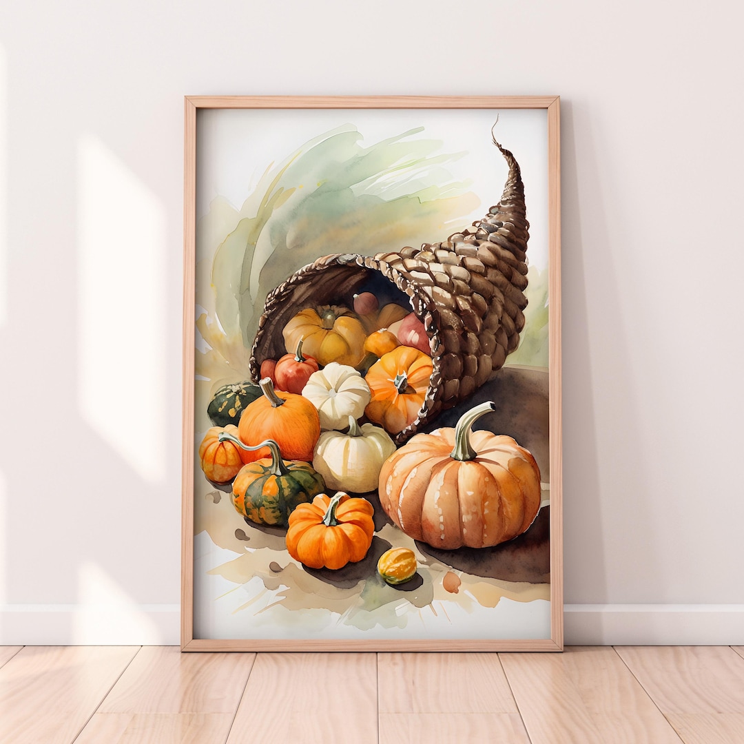 Watercolor Cornucopia and Pumpkins Printable Artwork, Thanksgiving ...
