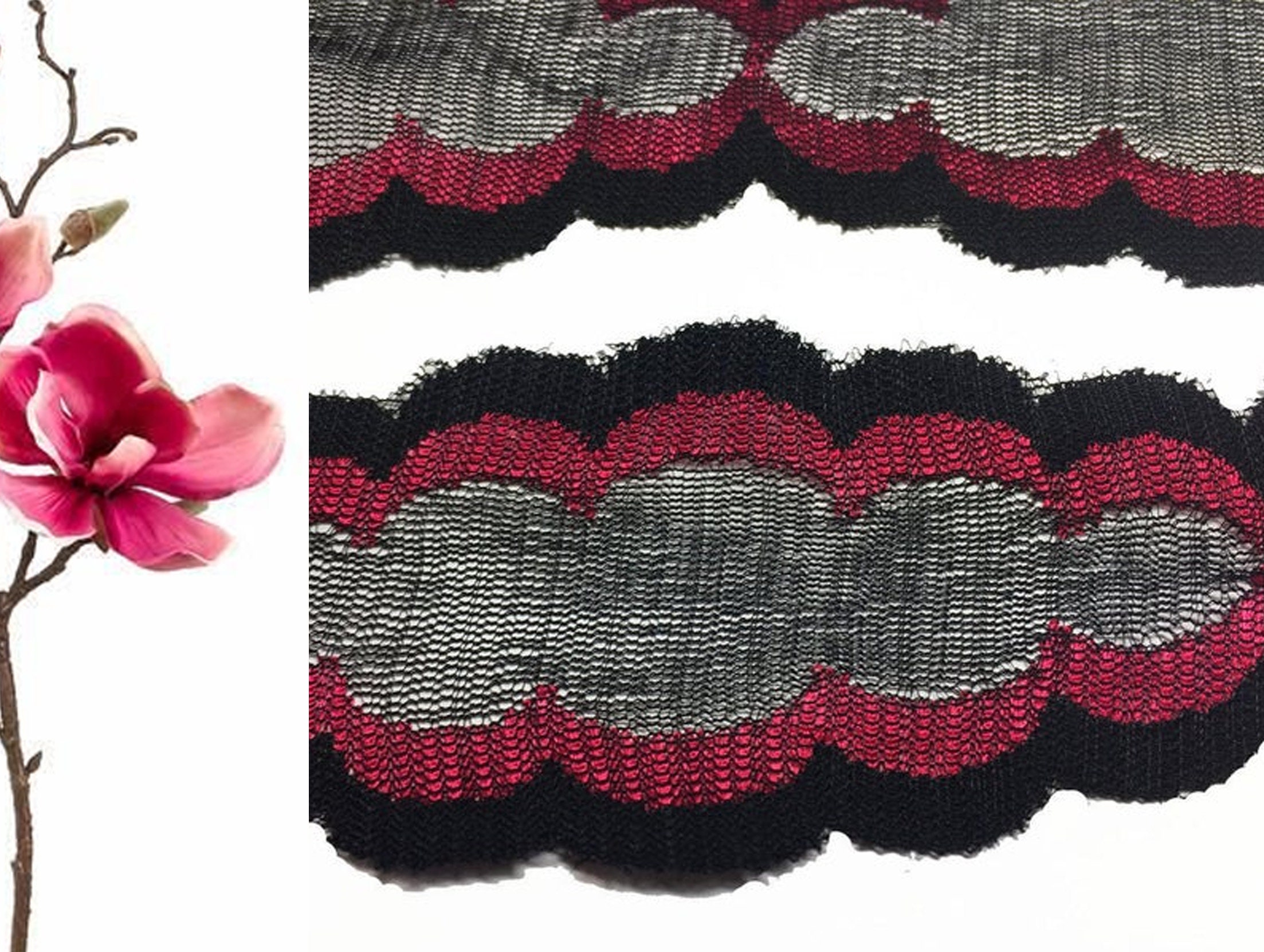 Black and Pink Vintage Net Lace with Cut Scalloped Edge | Etsy
