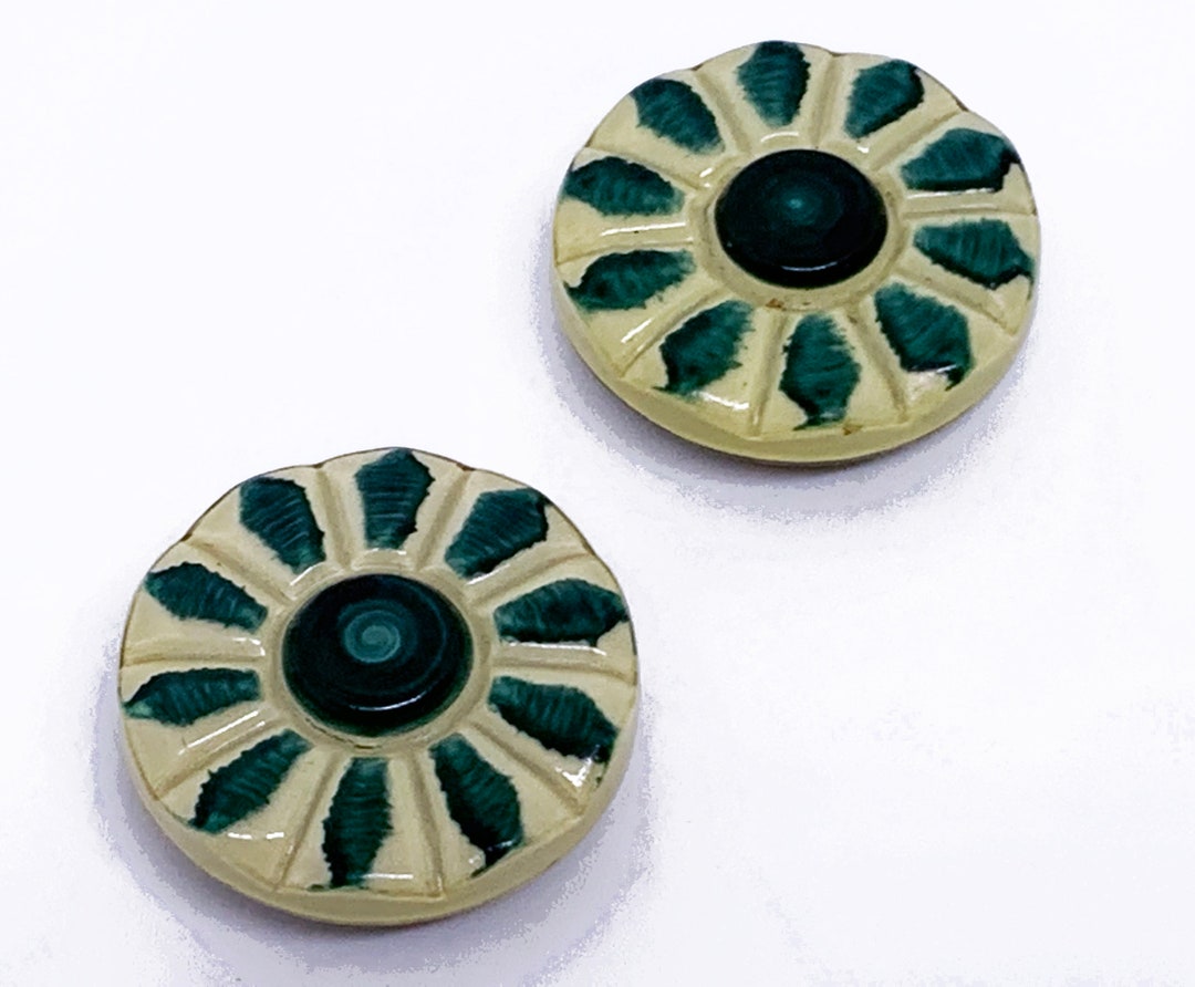 Green and Beige Vintage Flower Buttons Celluloid Tight Top Hand-painted ...