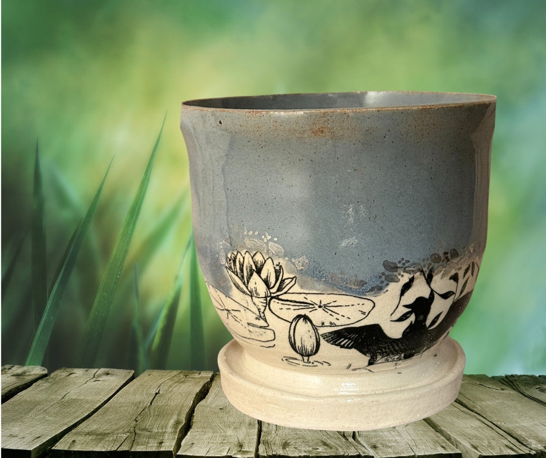 Lily Pond Planter, 6"x6" | Ceramic, Handmade | Gray Blue, Beige, Black ...