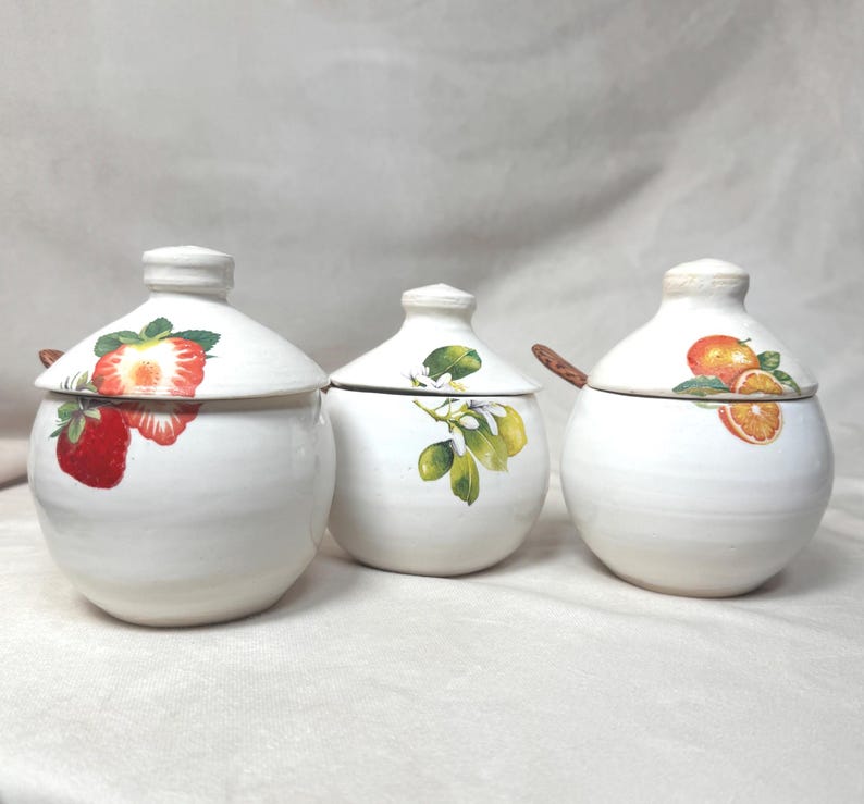 Jam/jelly Jar Set (3) | Handmade, Ceramic | White Glaze, Overglaze ...