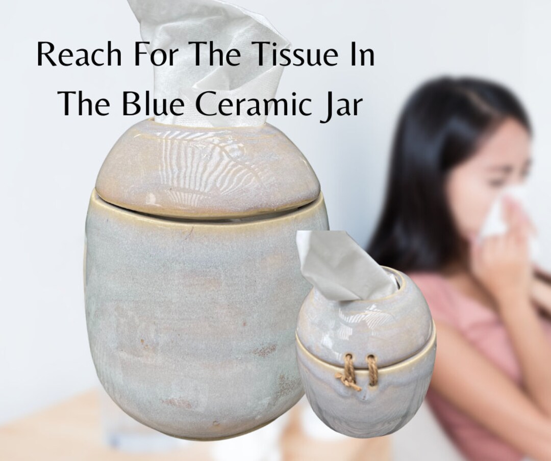 Ceramic Round Tissue Box Blue Handmade Original Compact 6 X 5 Easy Fill ...