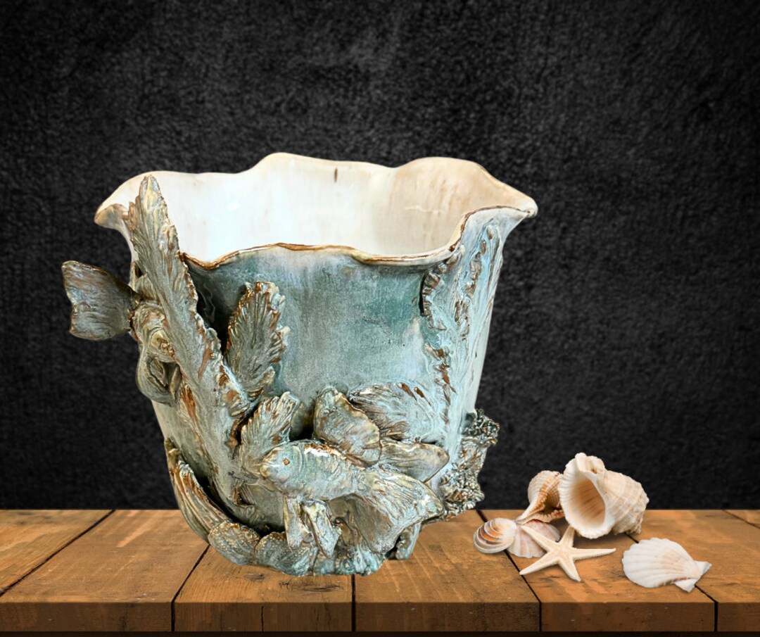 Aquatic Vase Theme Ceramic, 100% Handmade Light Blue, Cream Glaze Marin ...