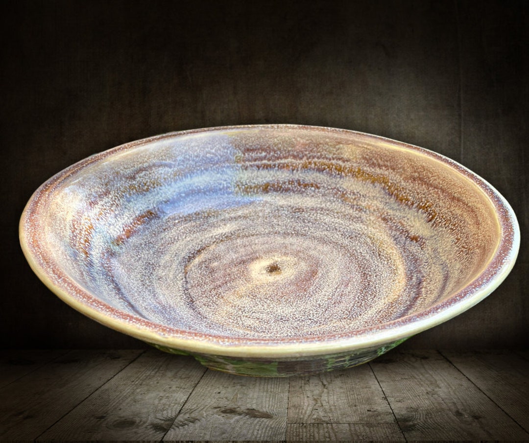 Ceramic Shallow Serving Bowl | Handmade | Beige, Brown, Peach Glaze ...